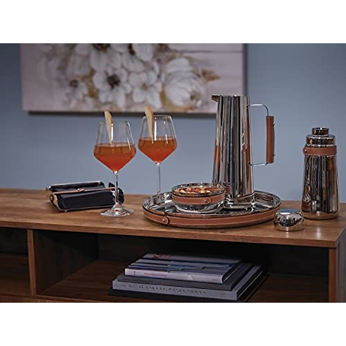 Nambe - Tahoe Collection - Stainless Steel Cocktail Shaker with Leather Accent and Strainer Top - Measures at3" x 9" - Removable Leather Accent