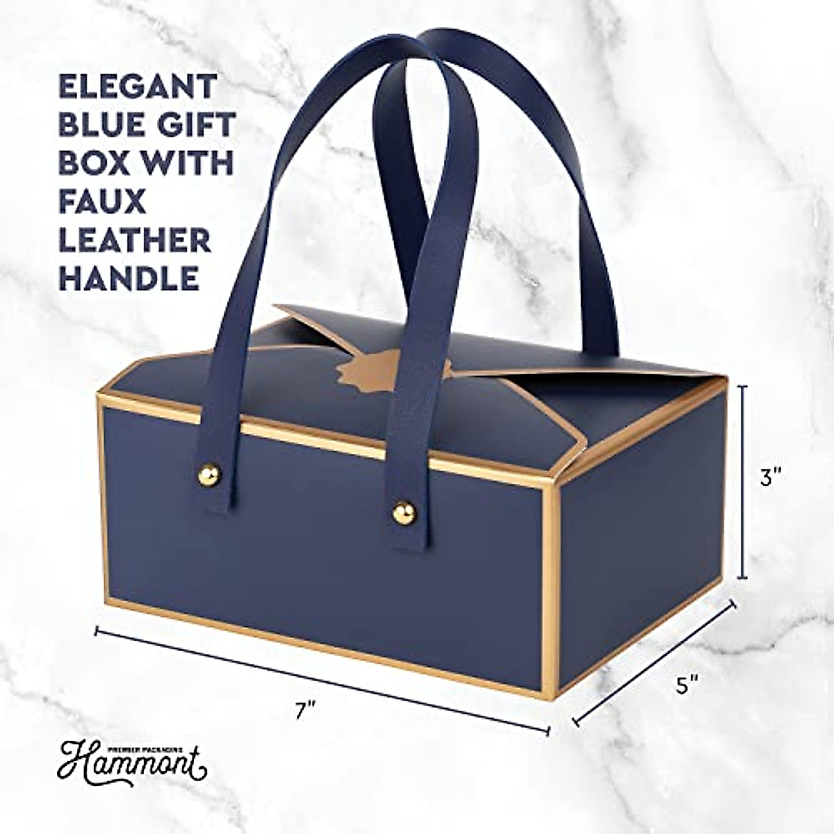 Hammont Gift Boxes for Women - Luxury Gift Box with Faux Leather Handle - 4 Pack of Gift Boxes for Presents – Decorative Bridesmaid Box for Jewelry, Chocolate & Mothers Day – 5”x7”x3” (Blue)