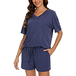 LOCUBE Women's Pajama Sets Soft Comfy Short Sleeve V-Neck Lounge Outfits Pj Set Shorts with Pockets (Navy, Large)
