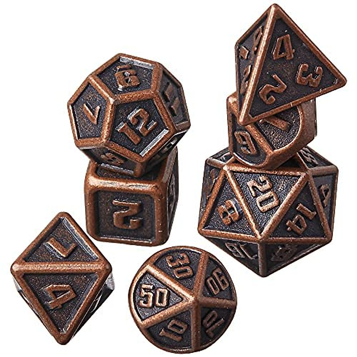 Wiz Dice - Metal Dice Set - DND Dice Set for Tabletop RPG Adventure Games - Polyhedral Dice Set, Suitable for Dungeons and Dragons and Dice Games Alike - Ancient Copper - 10 mm - 7 ct