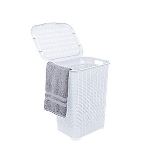 Wicker Laundry Hamper With Lid 50 Liter - White Laundry Basket 1.40 Bushel Durable Bin With Cutout Handles - Easy Storage Dirty Cloths in Washroom Bathroom, Or Bedroom. By Superio