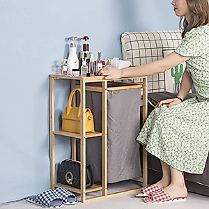 Bamboo Laundry Hamper with Compartments - Laundry Room Bamboo Storage Rack with Fabric Clothes Basket -Wooden Bamboo Laundry Organizer