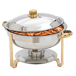 Winco Winware 4 Quart Round Stainless Steel Gold Accented Chafer