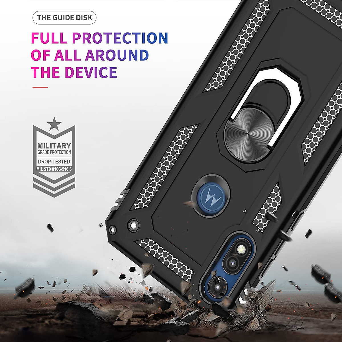 LeYi for Moto E Phone Case (2020) with [2 Pack] Tempered Glass Screen Protector, Military-Grade Protective Phone Case with Magnetic Ring Kickstand for Motorola Moto E 2020 Case, Black