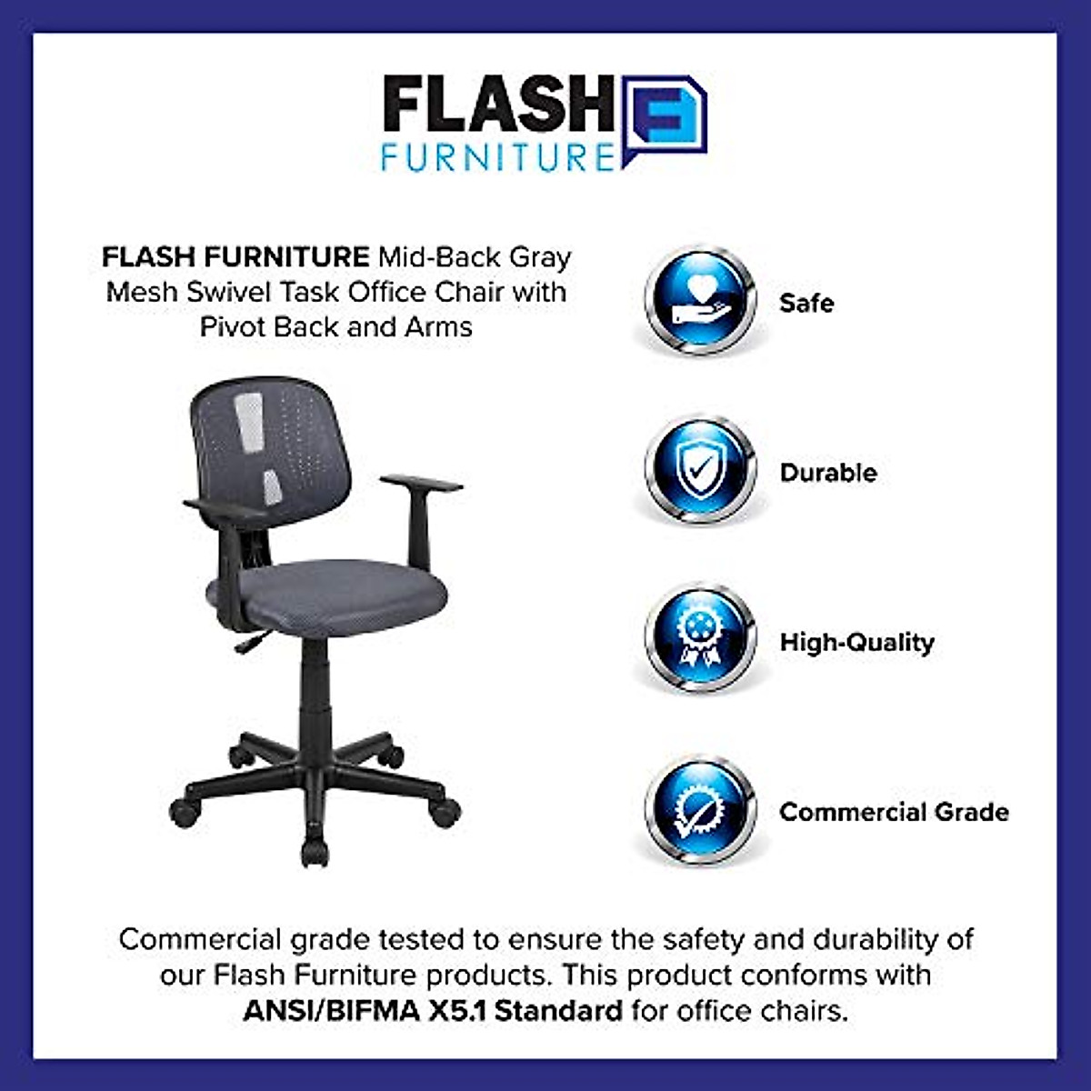 Flash Furniture Flash Fundamentals Mid-Back Gray Mesh Swivel Task Office Chair with Pivot Back and Arms