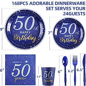 50th Birthday Party Supplies Disposable Paper Plates Napkins Cups Knives Spoons Forks for Men women Navy Blue 50 Birthday Party Decorations, Total 168pcs,Serve 24