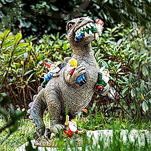 SOWSUN Garden Gnome Statues Outdoor Decor, 14” Dinosaur Gnomes Garden Art Outdoor for Fall Winter Garden Decor, Outdoor Statue for Patio, Lawn, Yard Decoration, Housewarming Garden Gift