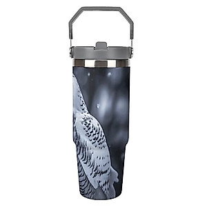 30oz Stainless Steel Insulated Tumbler with Flip Lid & Straw, Leakproof Travel Mug for Car, Arctic Owl Double Wall Vacuum Thermal Coffee Cup with Handle, Spill-Proof Design for Hot/Cold Drinks