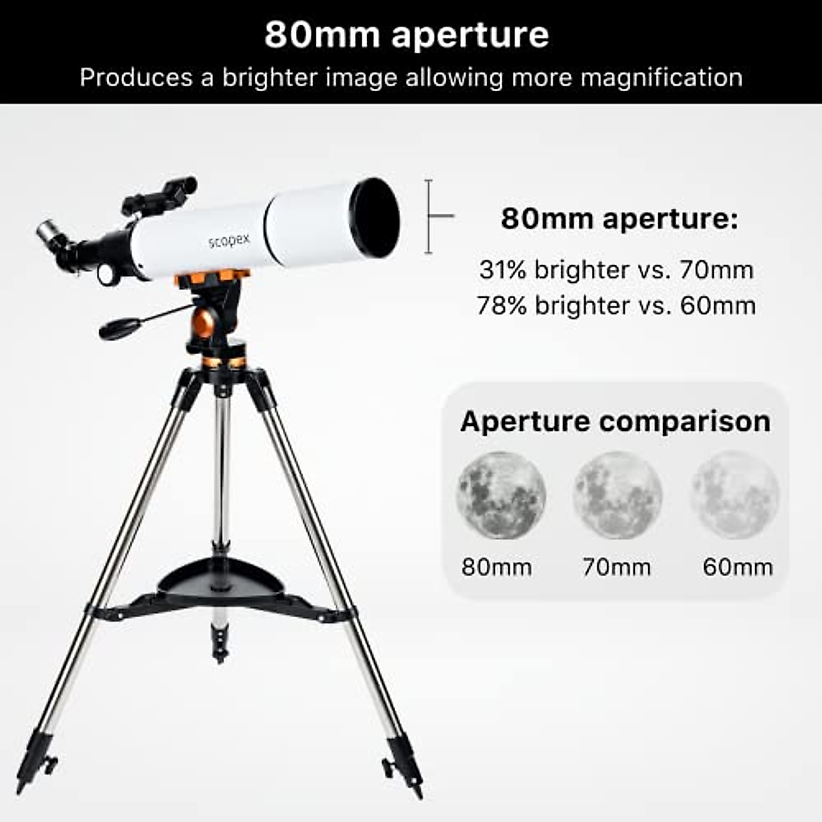 Scopex 80mm Telescope for Adults Astronomy, Kids 8-12 Plus, Smartphone Adapter, Carrying Case.