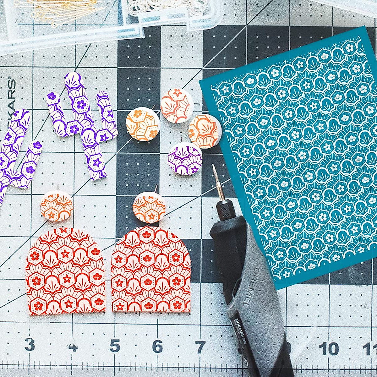 OLYCRAFT 4x5 Inch Flower Clay Stencils Floral Non-Adhesive Silk Screen Stencil Japanese Traditional Style Clay Silk Screen Reusable Mesh Transfer for Polymer Clay Jewelry Earring Making