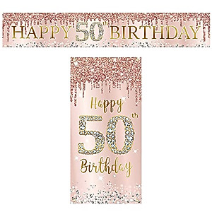 Happy 50th Birthday Banner Decorations for Women, Pink Rose Gold 50 Birthday Sign Party Supplies, Large Fifty Year Old Birthday Door Cover Banner Decor