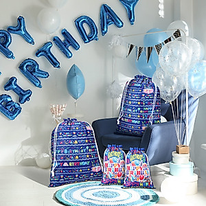 Chapou 4 Pcs Large Blue Happy Birthday Drawstring Gift Bags Reusable Fabric Wrap Bags 20 Inch Large 12 Inch Medium Birthday Treat Bags for Birthday Baby Shower Child's Gender Reveal Party