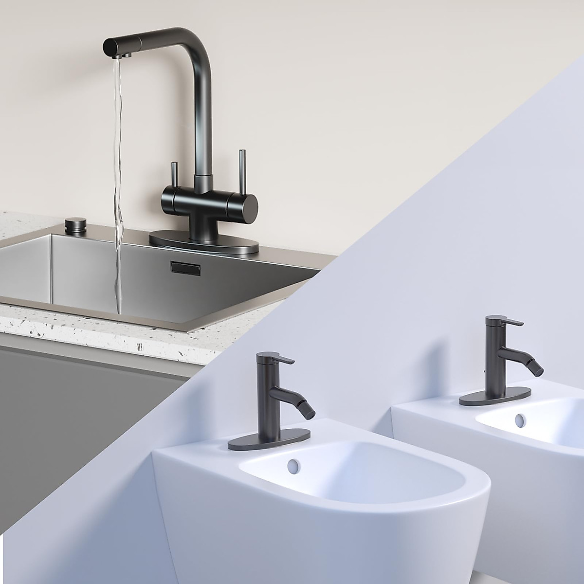 2 pc Faucet Plate, Faucet Hole Cover, Deck Plate Escutcheon for Kitchen Faucet- Sink Hole Cover, Plumbing Cover Plates, 5.5" Deck Plate for Pull Down Faucet: Stainless Steel (Mate Black)