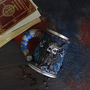 OTARTU Valhalla Viking Stainless Steel Single Handle Horn Skull Beer Stein Cup, Nordic Viking Warrior Skull Mug Tankard 17oz, Halloween Bar Drinkware Men’s Gift
