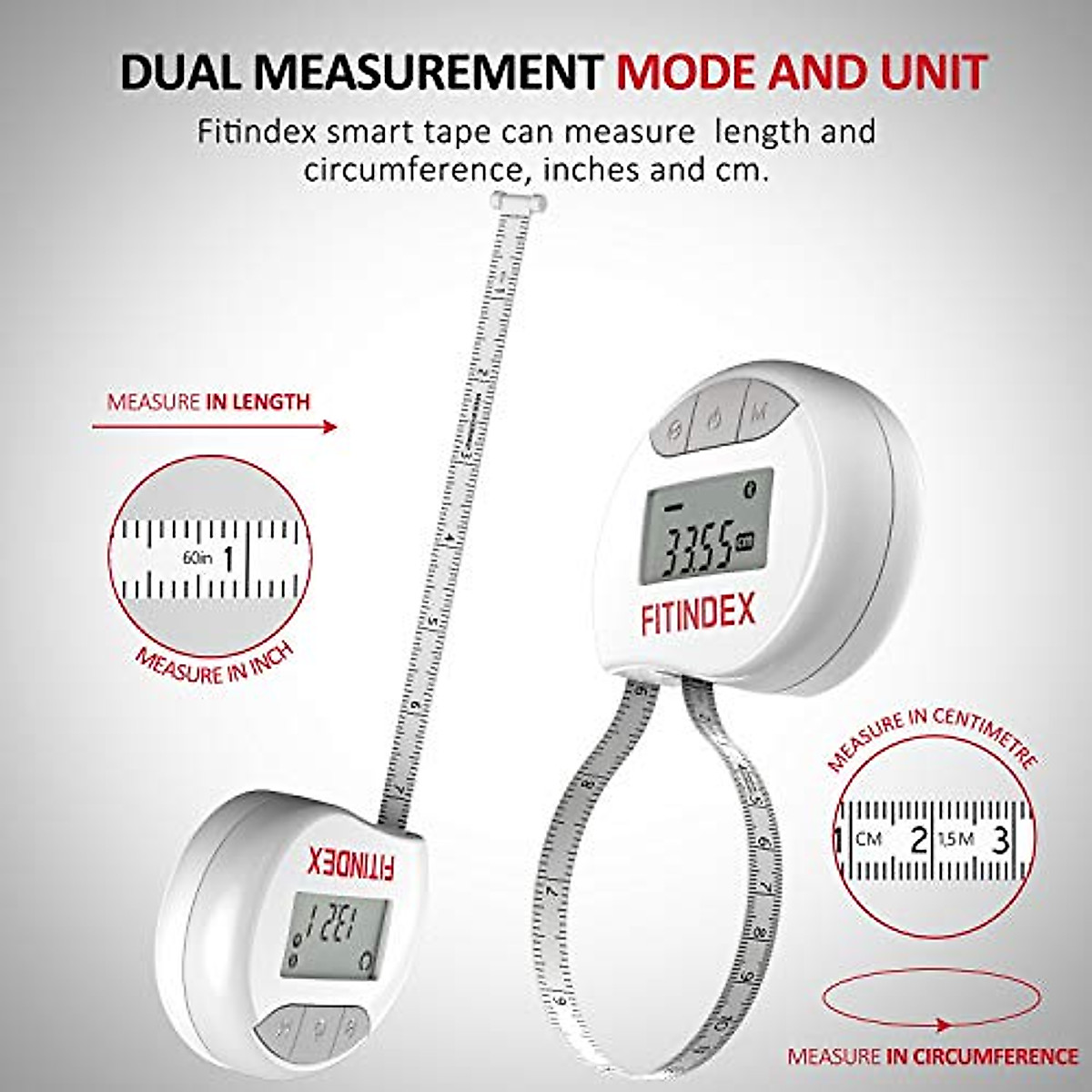 FITINDEX Smart Body Tape Measure,Bluetooth Digital Measuring Tape for Body, Soft Sewing Tape, with LED Monitor Display, Lock Pin, Retractable Button, Weight Loss, Fitness Body Measurement via App
