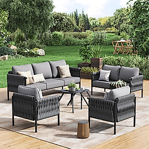 Amopatio 6 Pieces Outdoor Patio Furniture Set, Modern Outdoor Furniture Couch Bistro Sets with 6" Thickened Cushion, Metal Outdoor Sofa Porch Pool Furniture(Grey)