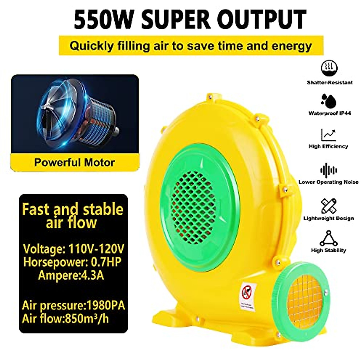 Tobargar Inflatable Blower Bounce House Air Blower for Inflatable Castle and Jump Slides, Portable and Powerful Inflatable Blower Fan Pump