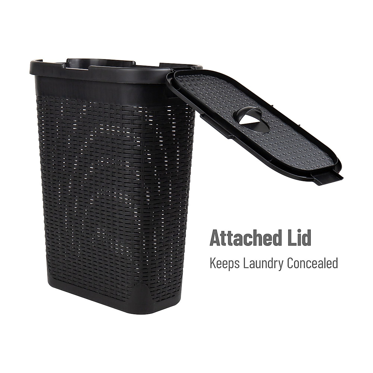 Mind Reader 40L Slim Laundry Hamper, Clothes Basket, Lid, Wicker Design, Plastic, 18"L x 10.4"W x 23.5"H, Black