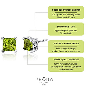 Peora Peridot Stud Earrings 925 Sterling Silver, Genuine Gemstone Birthstone Solitaire Scroll Gallery, 2 Carats Total, Princess Cut 6mm, Friction Backs