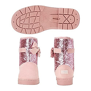 bebe Girls Winter Micro Suede Boots with Rhinestone Embellished Logo & Bow, Blush Glitter, Size 2 Little Kid