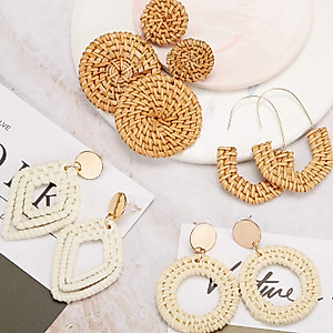 meekoo 4 Pairs Rattan Earrings for Women Beach Essentials Tassel Dangle Boho Straw Earrings(Boho)