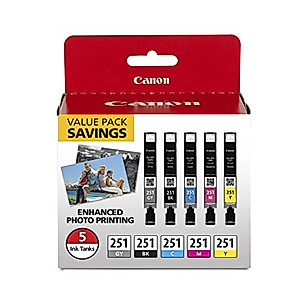 Canon CLI-251 BK/C/M/Y/GY 5 Color Value Pack Compatible to MG7520, MG5620, MG6620 & PGI-250XL High-Yield Black Ink Tank