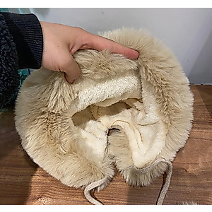 Winter Pompom Beanie Hats for Women Fluffy Knit Womens Beanie Faux Fur Crochet Skull Cap Warm Bucket Outdoor Ear Cover Khaki