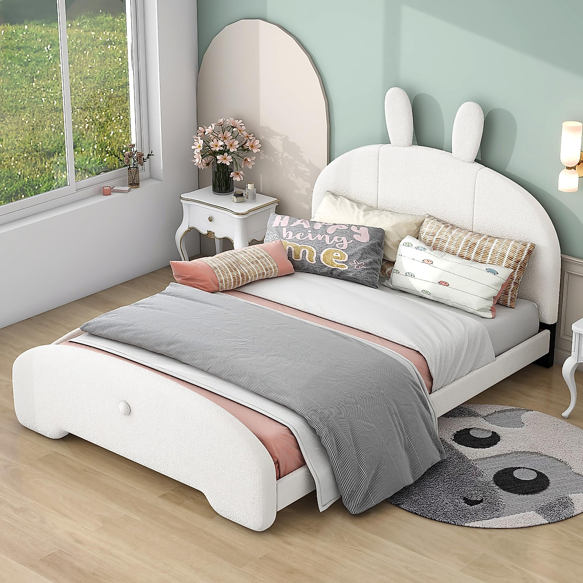 Full Size Upholstered Platform Bed with Cartoon Ears Shaped Headboard, for Kid's Bedroom Furniture