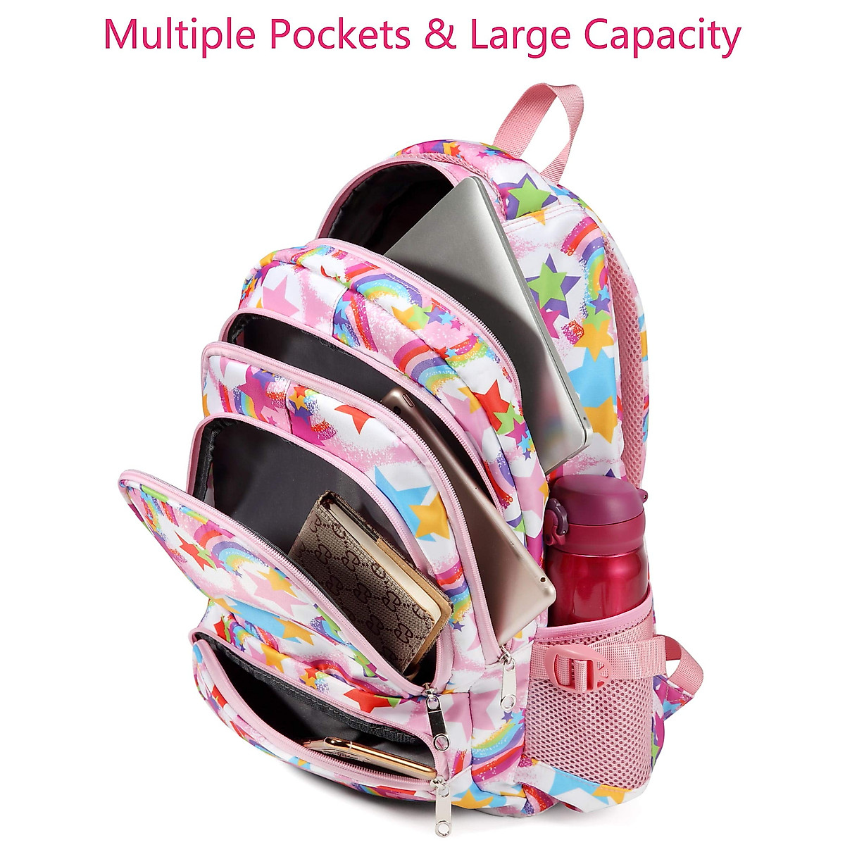 BLUEFAIRY Kids Backpack for Girls Elementary Primary School Bags for Kindergarten Childs Bookbags Lightweight Cute Gifts 17" Mochilas Escolares para Niñas de 6 7 8 9 Rainbow Pink