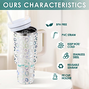 PIMDIR 40oz Leopard Tumbler with Handle Straw Lid, Stainless Steel Vacuum Insulated Reusable Travel Mug Keep Drinks Cold Ice Gym Cup, Gifts for Women Lovers, Car Holder Friendly, White