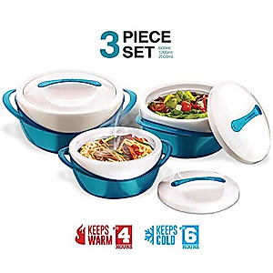 Pinnacle Insulated Casserole Dish with Lid 3 pc. set 2.6/1.25/.6 qt. Elegant Hot Pot Food Warmer/Cooler - Large Thermal Soup/Salad Serving Bowl- Stainless Steel –Best Gift Set for Moms –Holidays Teal