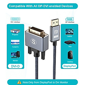 sweguard DisplayPort to DVI Cable 10ft, DVI to Displayport Adapter Male to Male, High Speed Gold Plated Nylon Braided DP to DVI-D Cable Compatible with Lenovo, Dell, HP, Monitor, and Other Brand-Grey