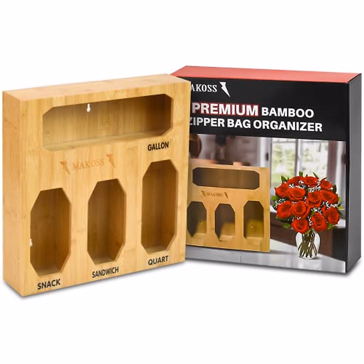MAKOSS Premium Bamboo Ziploc Bag Storage Organizer & Dispenser Kitchen Wall Drawer- Zip loc Baggie Organizer - Food Storage Plastic Bag Holder of Gallon, Slider Quart, Sandwich, Snack Valentine deals