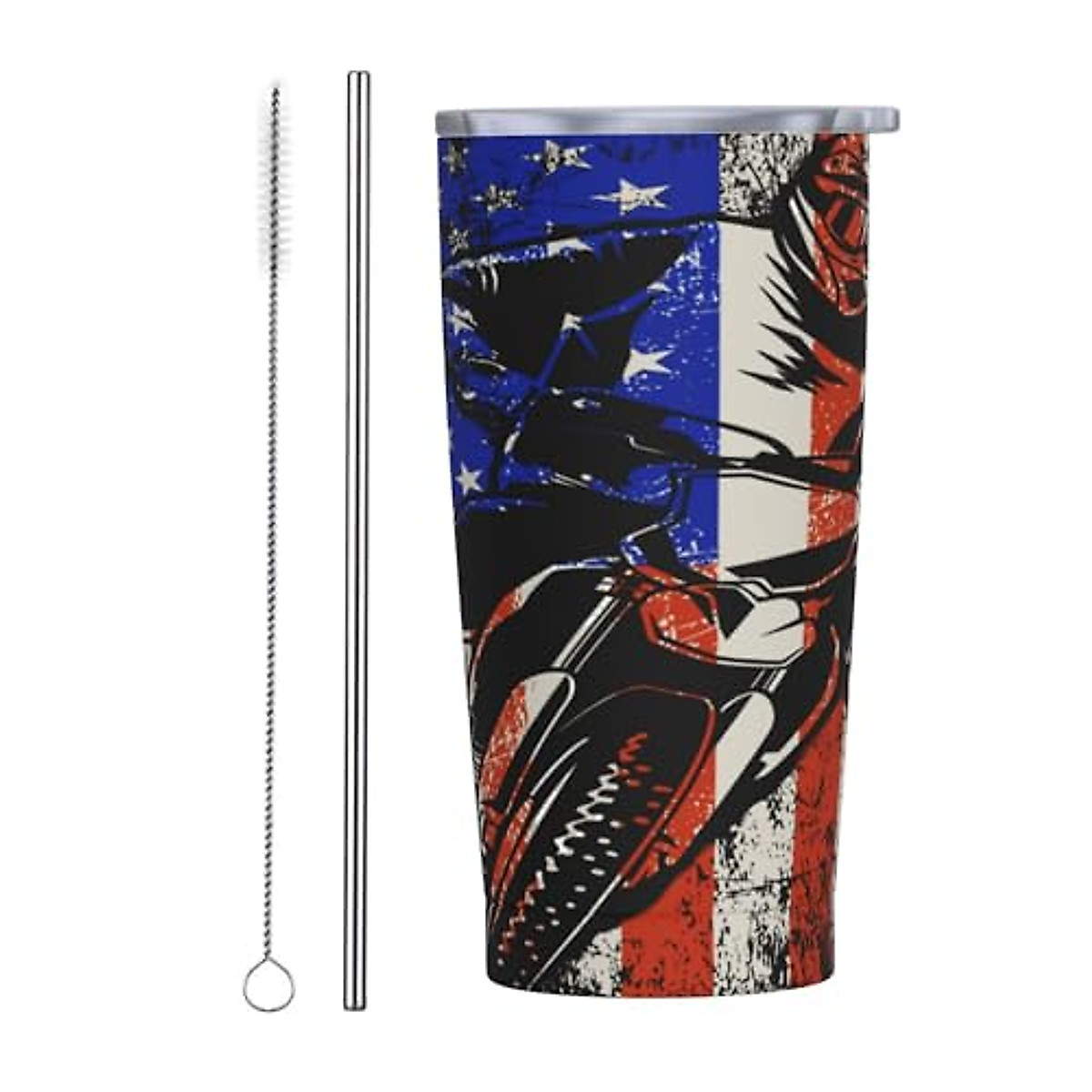 VKKOEWL Vintage American Motorcycle Flag Dirt Bike Rider Motocross Stainless Steel Insulated Tumbler 20 Oz Travel Water Bottle Coffee Mug Drink Cup With Lid Straw