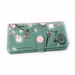 Shag Wear Vintage Postcard Floral Bicycle Large Wallet for Women and Teen Girls Vegan Faux Leather Teal 7"
