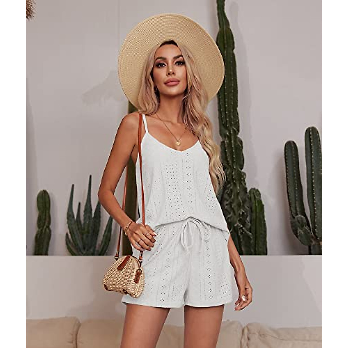 Ekouaer Women's Cami Loungewear Set 2 Piece Casual Summer Outfits Sleeveless Top and Shorts Matching Set V Neck Pj Sleepwear White X-Large