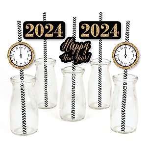 Big Dot of Happiness New Year's Eve - Gold - Paper Straw Decor - 2024 New Years Eve Party Striped Decorative Straws - Set of 24