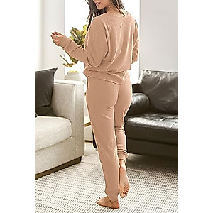 PRETTYGARDEN Women's 2 Piece Waffle Knit Lounge Outfit Long Sleeve Henley Top and Sweatpants Set Tracksuit (Khaki,Medium)