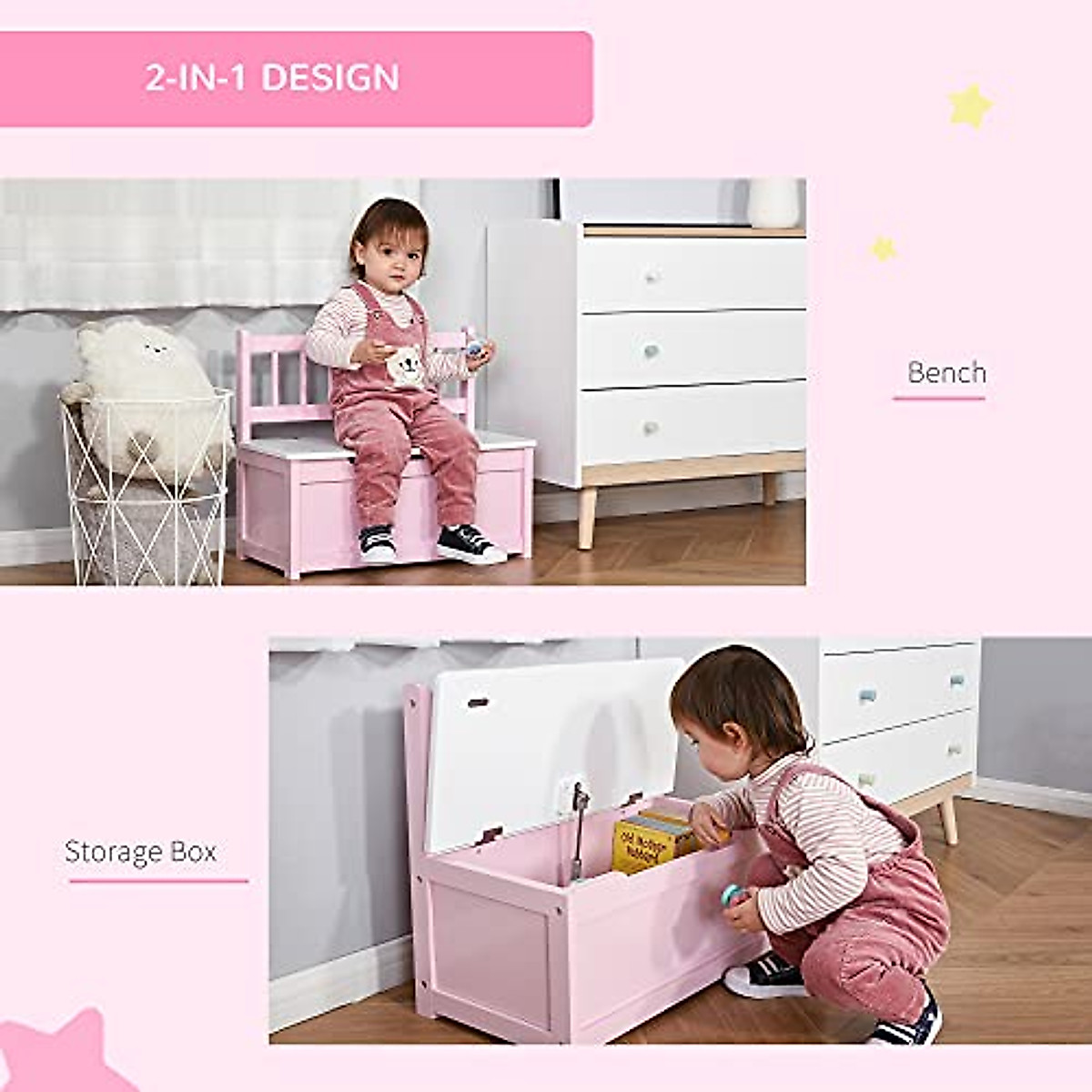 Qaba 2-in-1 Kids Wooden Toy Organizer Chest Storage Box with Seat Bench Cabinet Chunk Cube with Safety Pneumatic Rod Pink