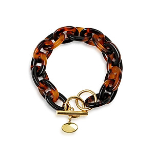 Bling Jewelry Fashion Statement Brown Golden Acrylic Marbled Leopard Tortoise Shell Oval Chain Link Bracelet for Women Teen Yellow Gold Plated Stainless Steel Adjustable Toggle Closure