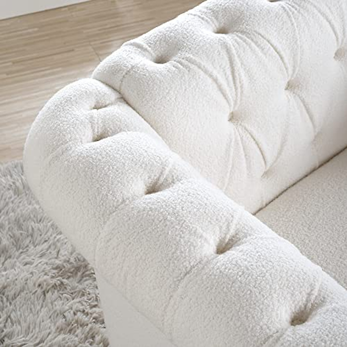 39" Chesterfield Single Sofa Chair Acrylic Crystal Leg Teddy Fabric Upholstered 1 Seater Sofa with Tufted Back,Roll Arm Settee Couches for Living Room Furniture (White + Polyester, Single Sofa)