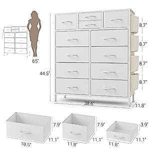 White Dresser for Bedroom, Dressers & Chests of Drawers, Closet Fabric Dresser w/12 Drawers Side Pockets Hooks, Clothes Dresser, Bedroom Dresser Storage Organizer for Hallway Entryway
