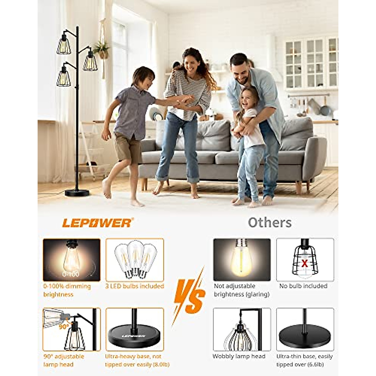 LEPOWER Tree Floor Lamp, Industrial Floor Lamps for Living Room with Multi Head, Dimmable Floor Lamp, LED Standing lamp Edison Bulbs, Pole Tall Lamp for Bedroom Office Black