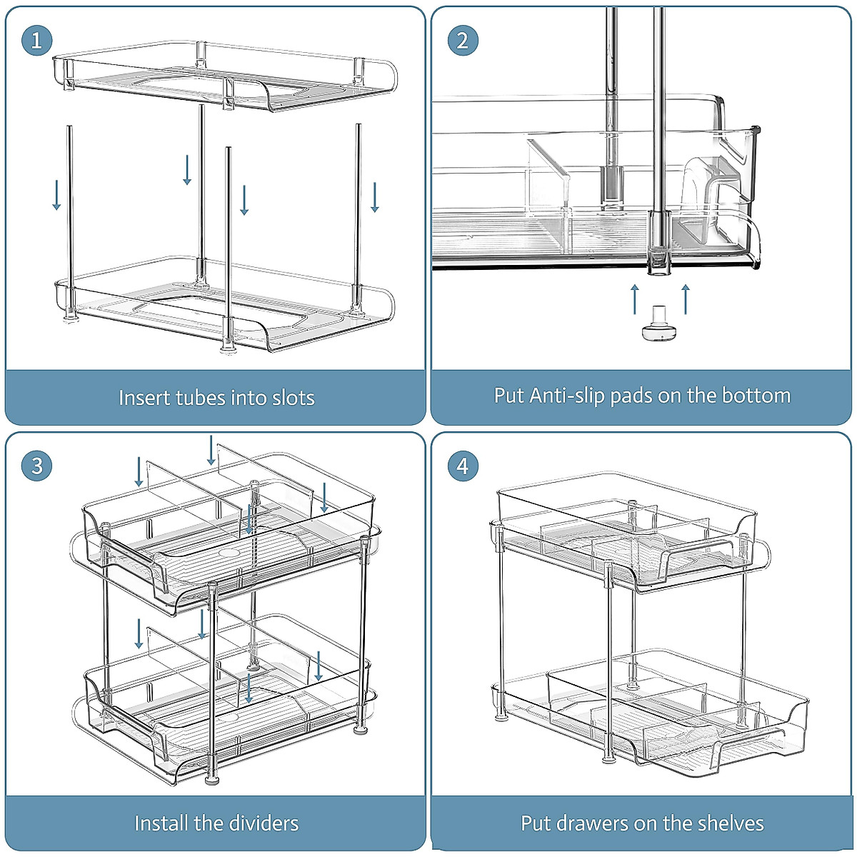 petisal 2 Tier Clear Organizer with Dividers, sliding out storage container, Bathroom Cabinet Storage, Under Sink Organizers, Kitchen, Medicine Storage Organizer, 2 Pack