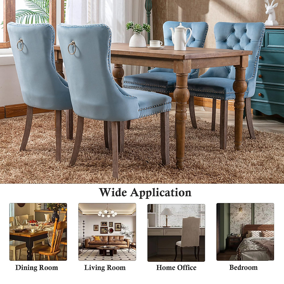 Rhomtree Set of 6 Velvet Fabric Dining Chairs Luxury Tufted Back with Nailed Trim and Back Ring Pull Home Kitchen Dining Room Chairs Armless Side Chairs Solid Rubber Wood Legs (Light Blue)