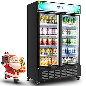 BODEGACOOLER Commercial Merchandiser Refrigerator, 36.3 Cu.Ft Upright Display Beverage Cooler, 2 Glass Door Display Refrigerator with Soft LED Light, Adjustable Shelves, 4 Strong Castors(Black)