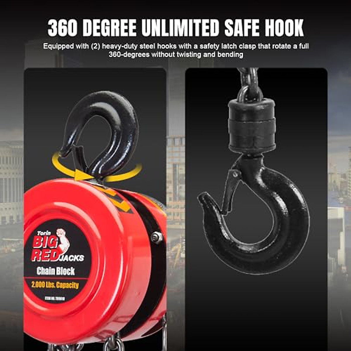 BIG RED Hand Chain Hoist 1 Ton 2000 Lbs Capacity 8ft/2.5m Torin Manual Chain Fall with 2 Heavy Duty Hooks, for Warehouse Automotive Machinery, Red, TR9010