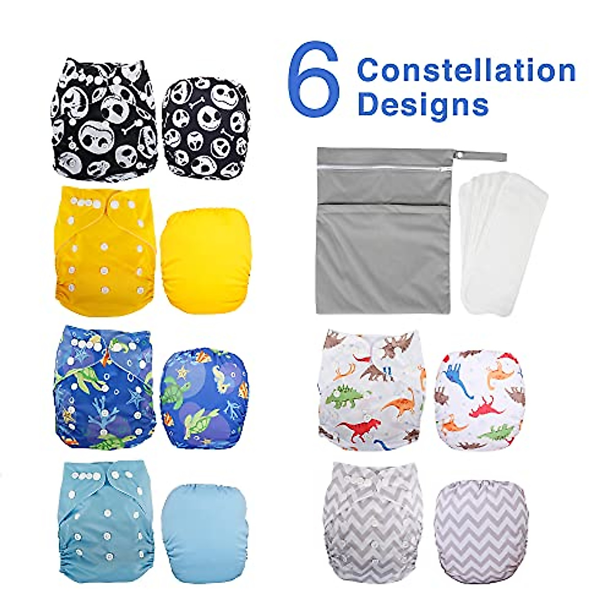 Newborn Cloth Diaper Reusable Adjustable Washable One Size Baby Swim Diapers Baby Girls and Boys Pocket Cloth Diapers Covers Includes 6 Packs Diapers + 6 Incerts +One Wet Bag