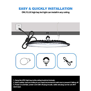 ONLYLUX UFO LED High Bay Light LED Shop Lights 200W 30000LM 100-277V 5000K IP65 High Bay LED Lighting with Plug for Garage Gym Factory Warehouse-2Pack
