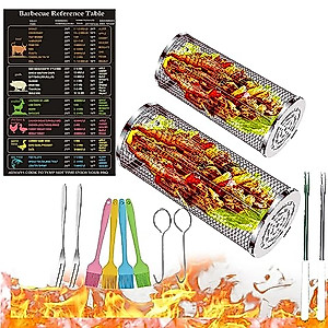 2pcs Rolling Grilling Basket - Stainless Steel BBQ Grill Mesh for Vegetables, Fish and French Fries, Round Stainless Steel Grill Mesh (Pack of (M+L))